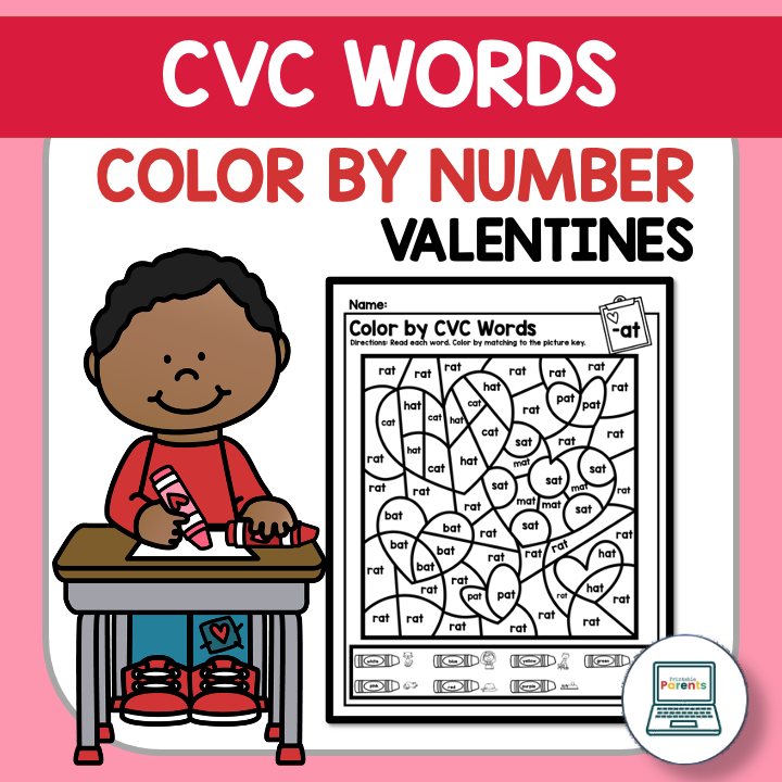 Valentine's CVC Color by Number Worksheets – Printable Parents