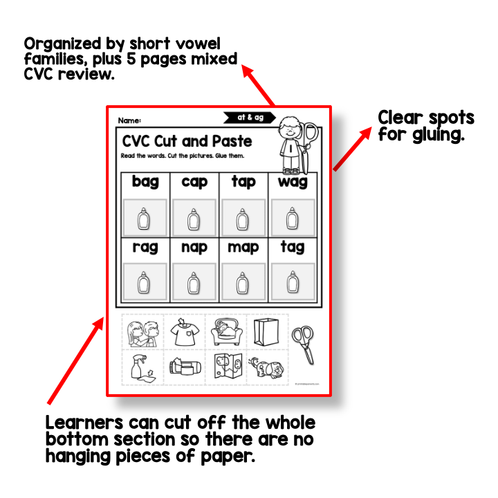 CVC Words Cut and Paste Worksheets – Printable Parents
